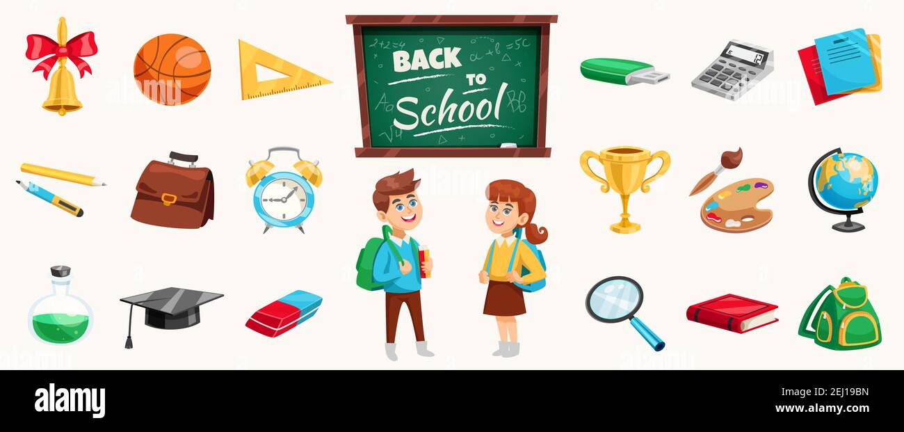 Back to school supplies icons set poster with schoolchildren chalkboard ...