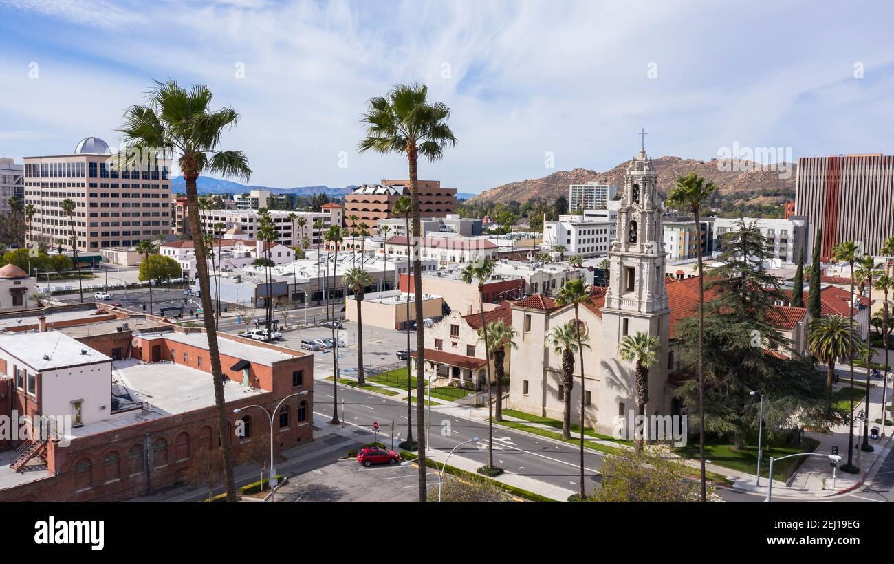 Aerial view of the historic skyline of downtown Riverside, California ...