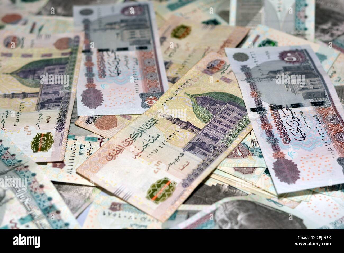 selective focus of Egyptian money background , 200 LE, 100 LE, 50 LE ...