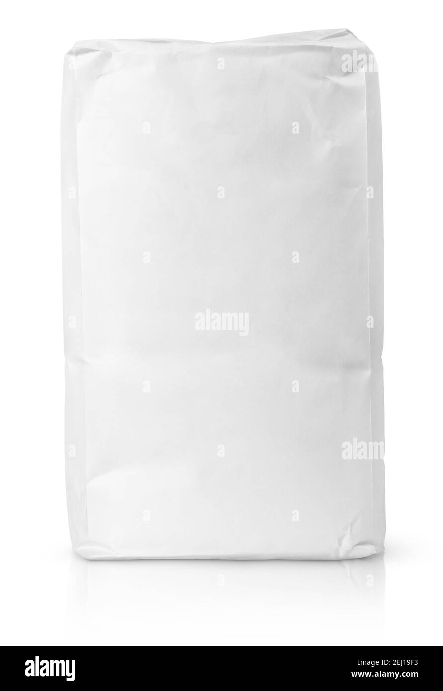 Blank paper bag package of flour isolated on white with clipping path ...