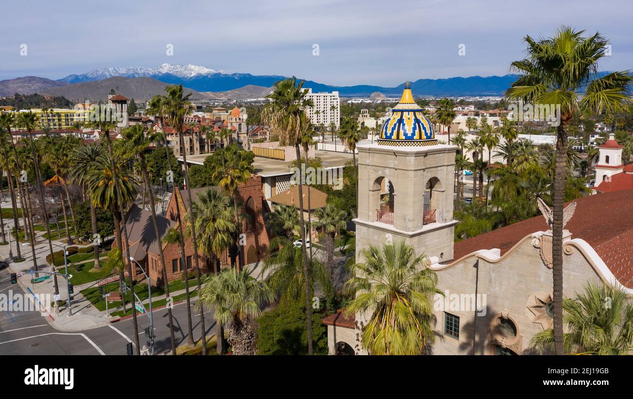 Aerial view of the historic skyline of downtown Riverside, California ...