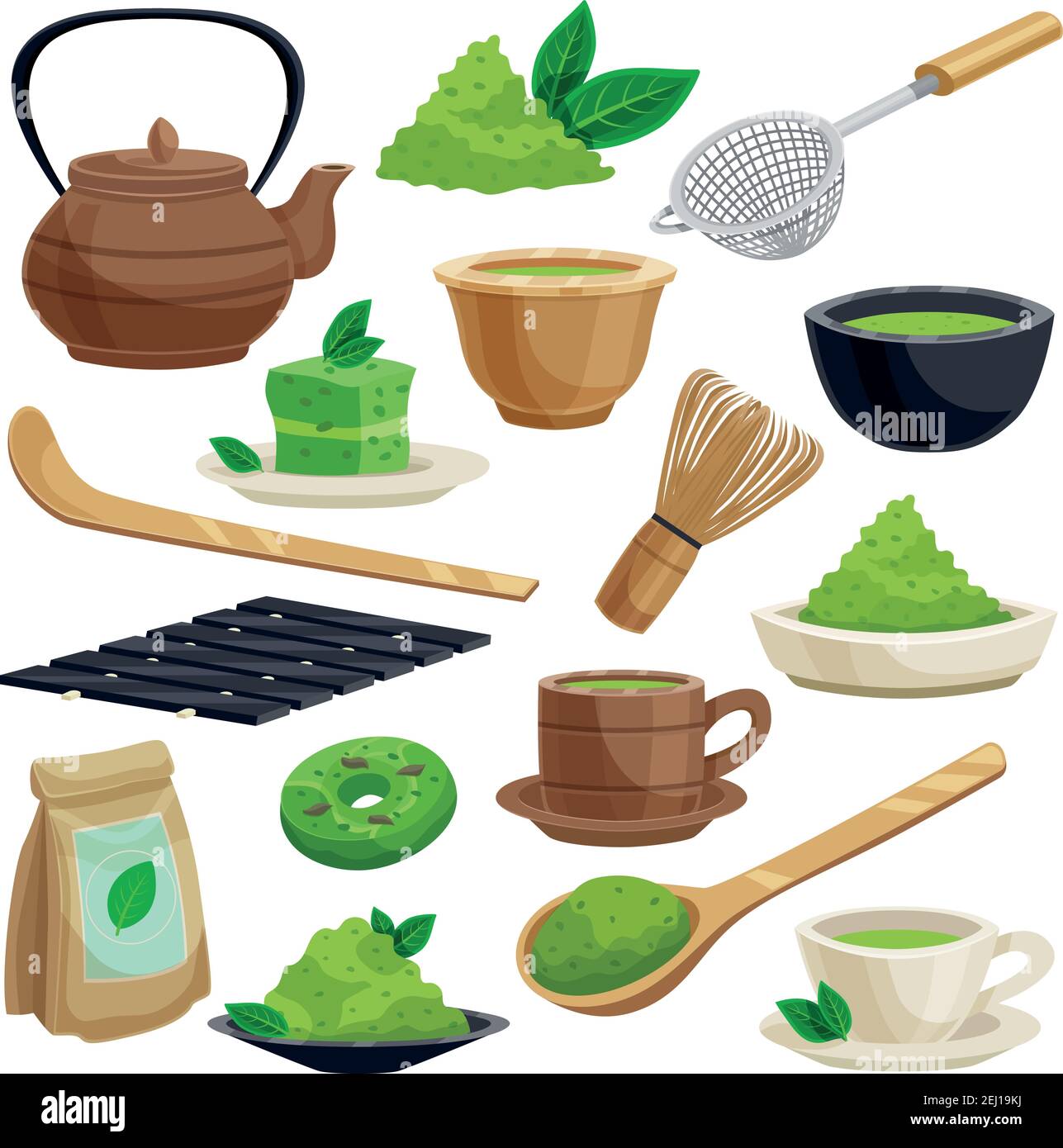 Japanese traditional tea ceremony icons set including green matcha ...