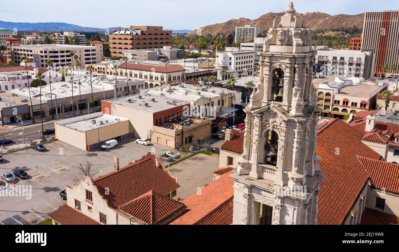 Aerial view of the historic skyline of downtown Riverside, California ...