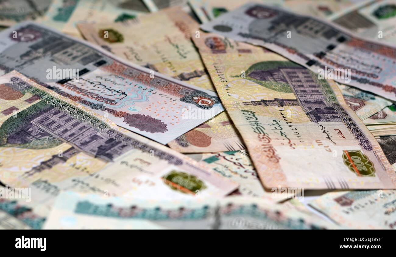 selective focus of Egyptian money background , 200 LE, 100 LE, 50 LE ...