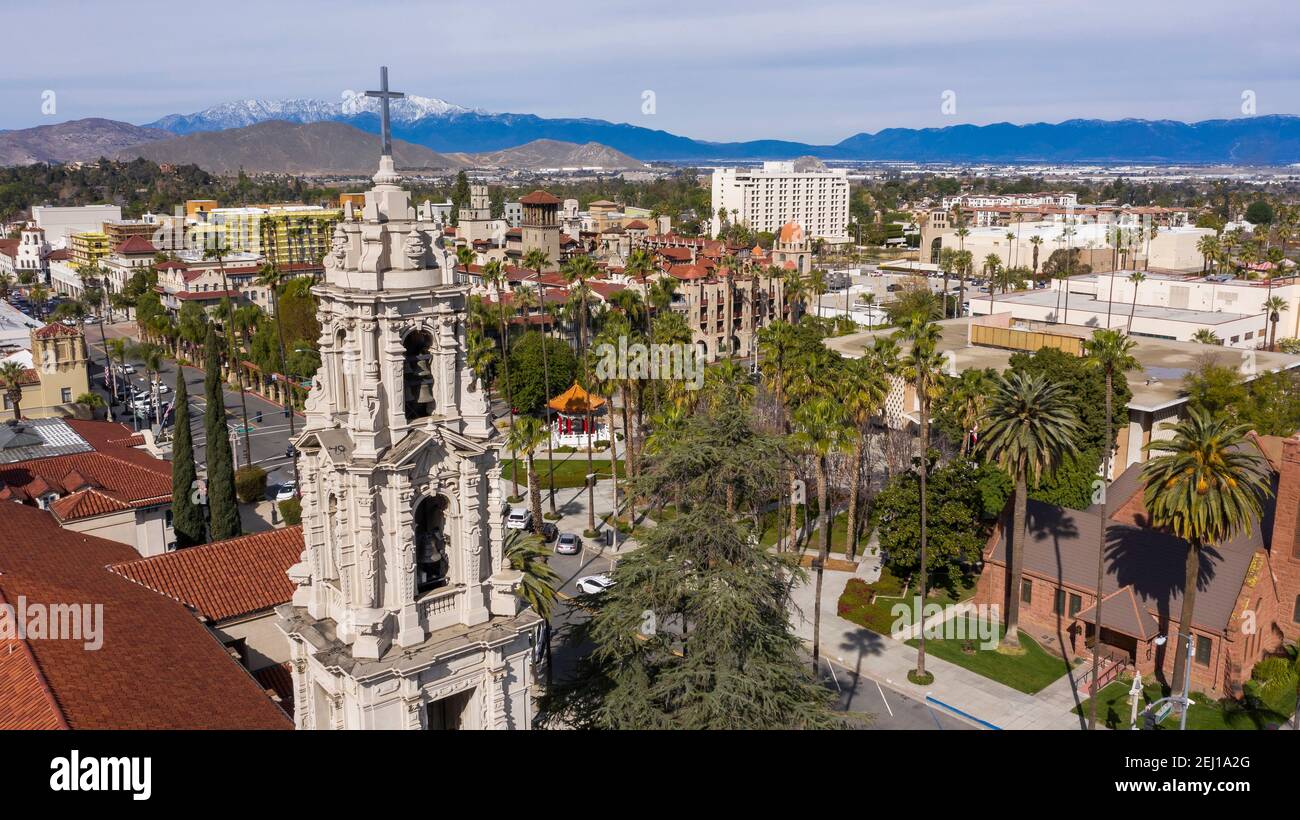 Aerial view of the historic skyline of downtown Riverside, California ...