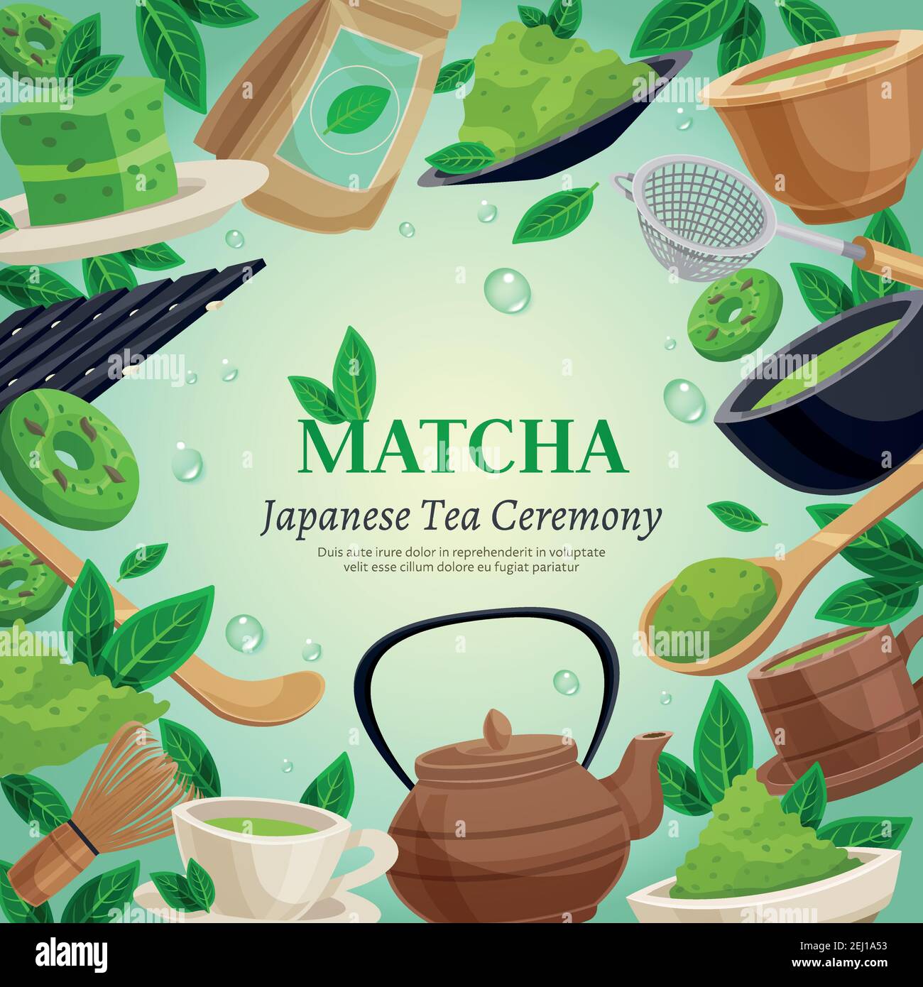 Japanese tea ceremony square frame background poster with green matcha ...