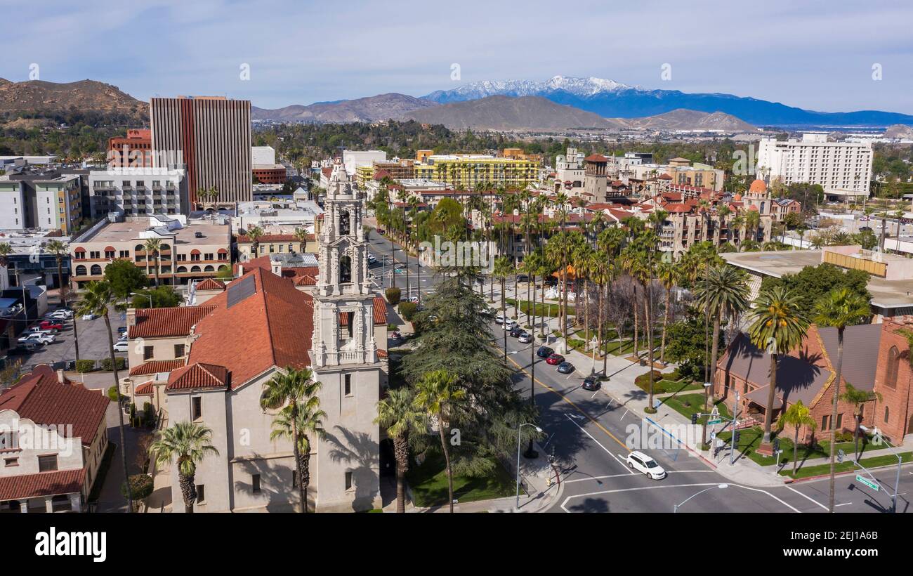 Aerial view of the historic skyline of downtown Riverside, California ...