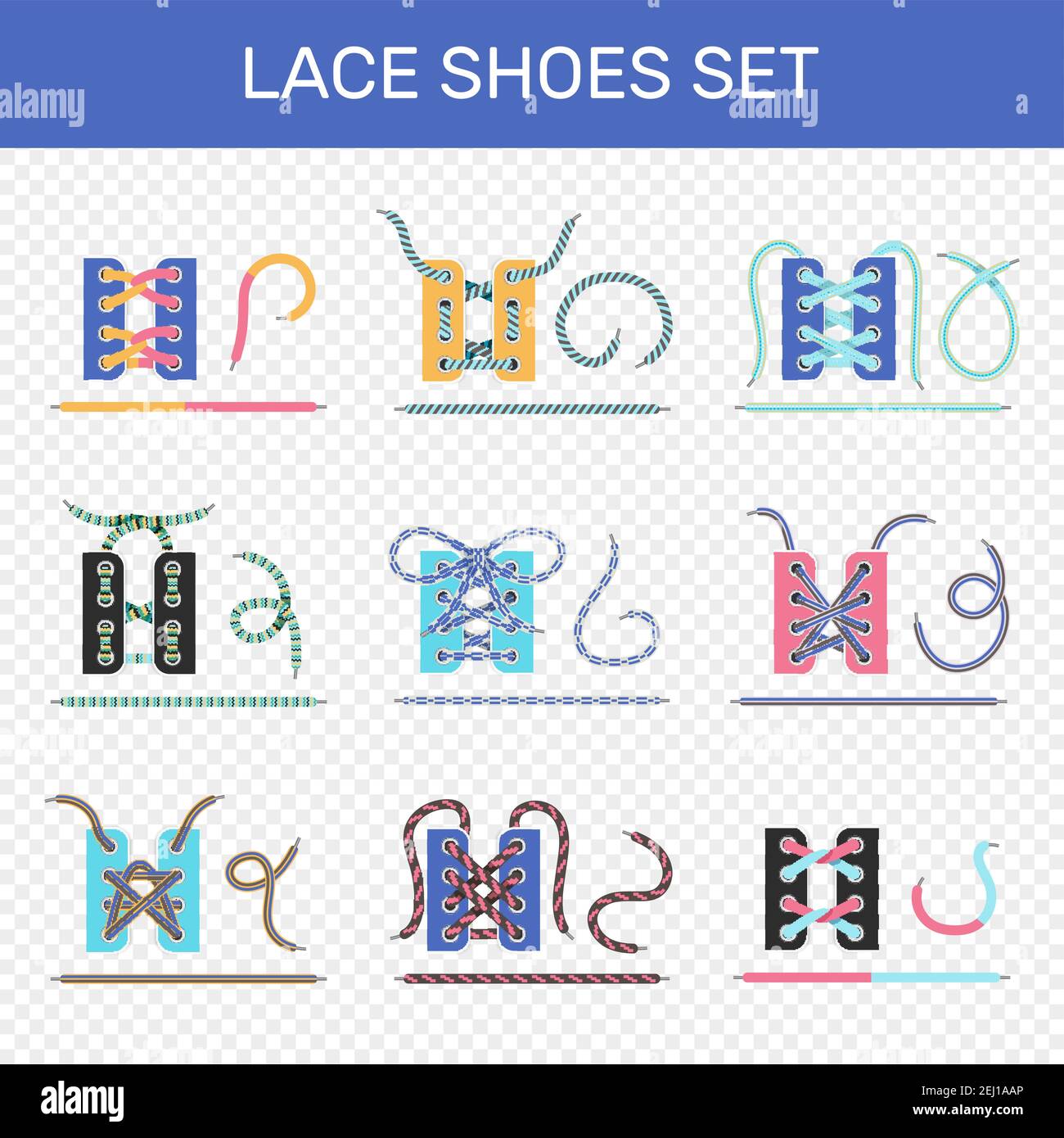 8 ways to lace sport shoes colorful icons collection on transparent ...