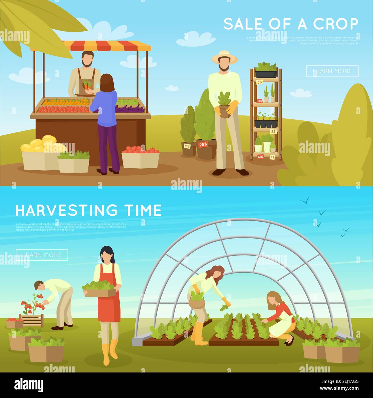 Gardening horizontal banners on blue sky background with sale of crop ...
