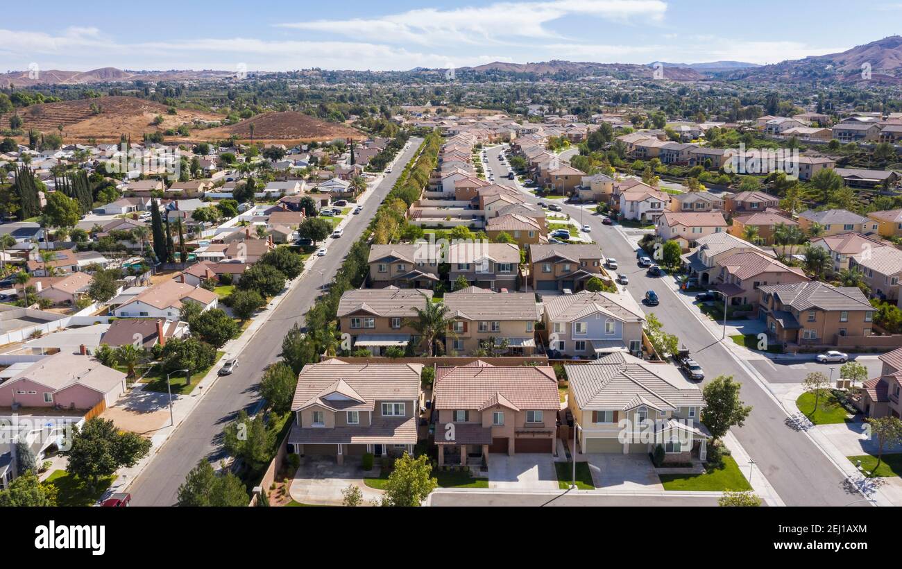 Daytime aerial view of a high density suburban neighborhood in ...