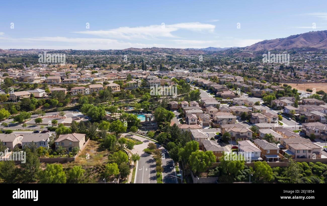 Daytime aerial view of a high density suburban neighborhood in ...