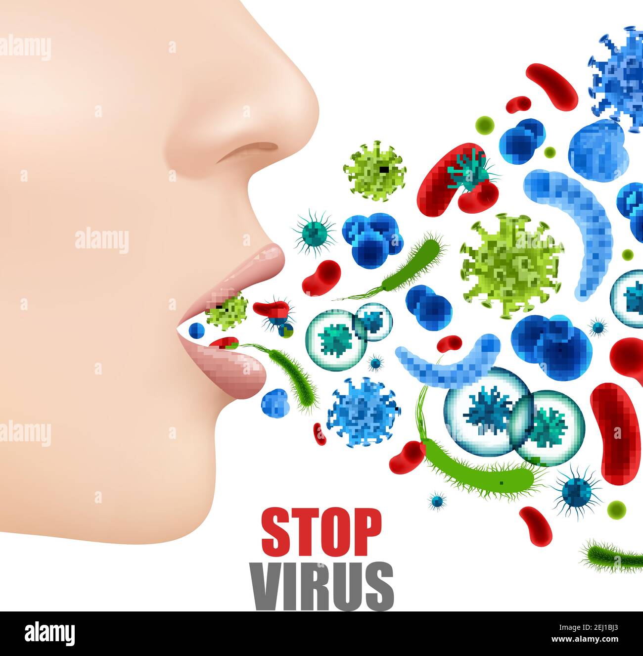 Stop virus poster with realistic colorful microbes and female face with ...