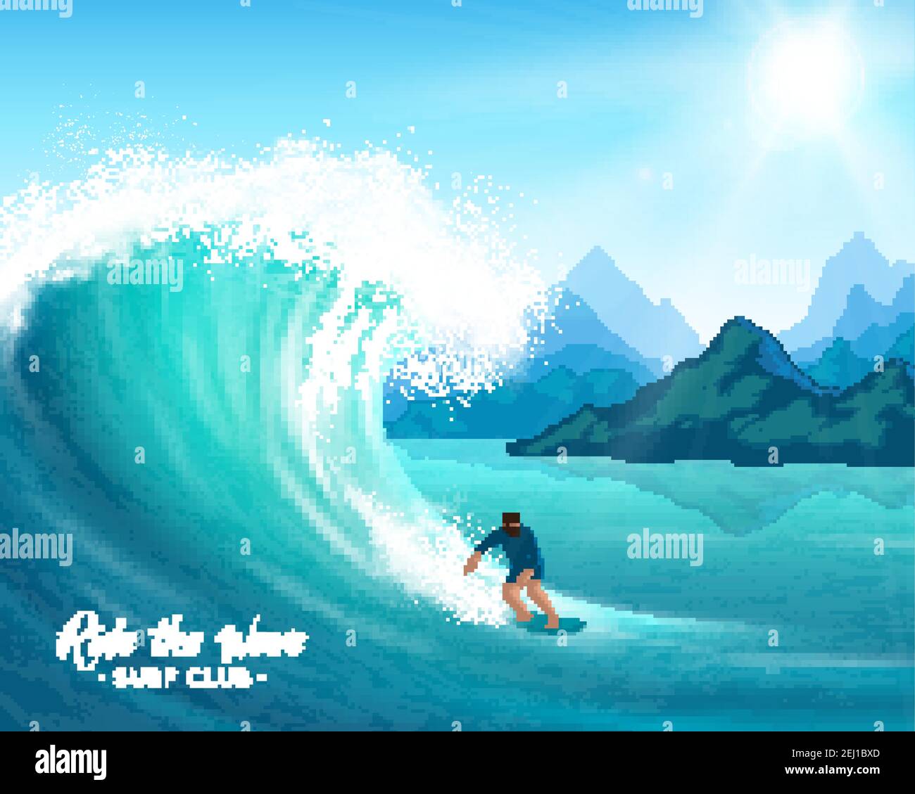 Surfer and big ocean wave on rocks background, sun and blue sky ...