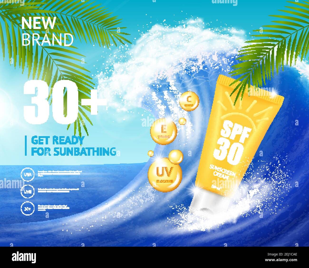 Realistic sunscreen cosmetics in orange plastic packaging on sea wave ...