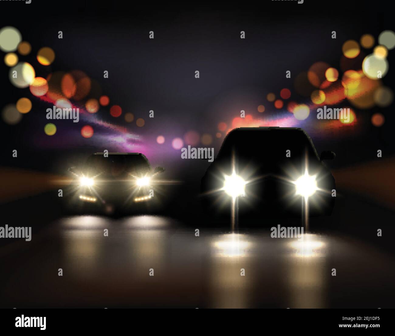Car lights realistic background with night road and two car front-side ...