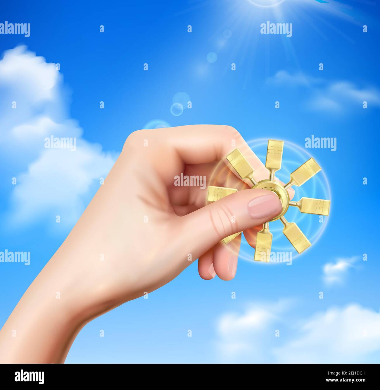 Fidget spinner device in hand rotating between fingers on cloudy sunny ...