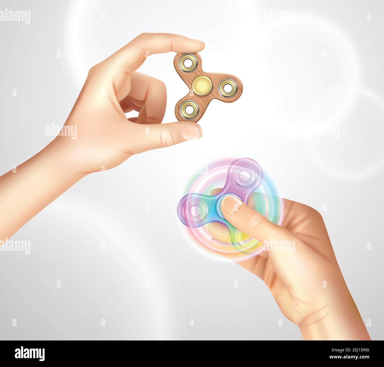 Fidget spinner device in hand and rotating between fingers on light ...