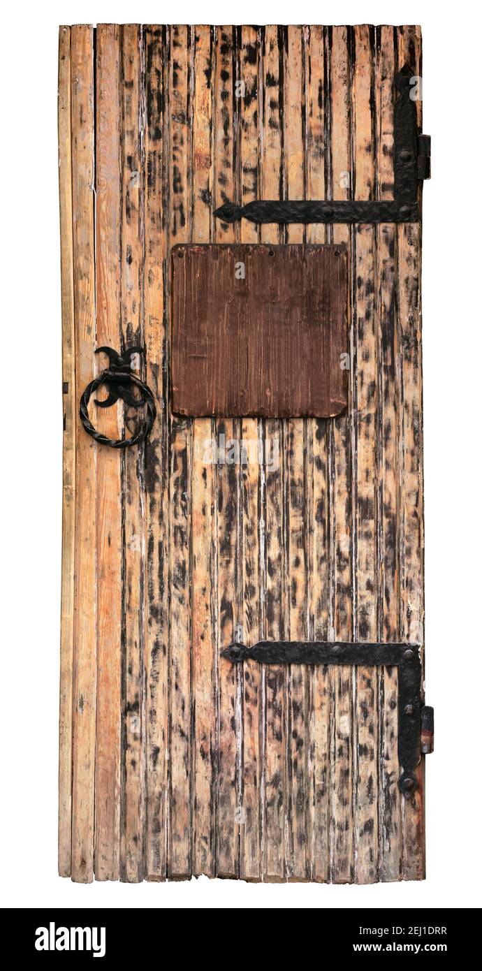 Closed big old door with rusty key isolated on white background with ...