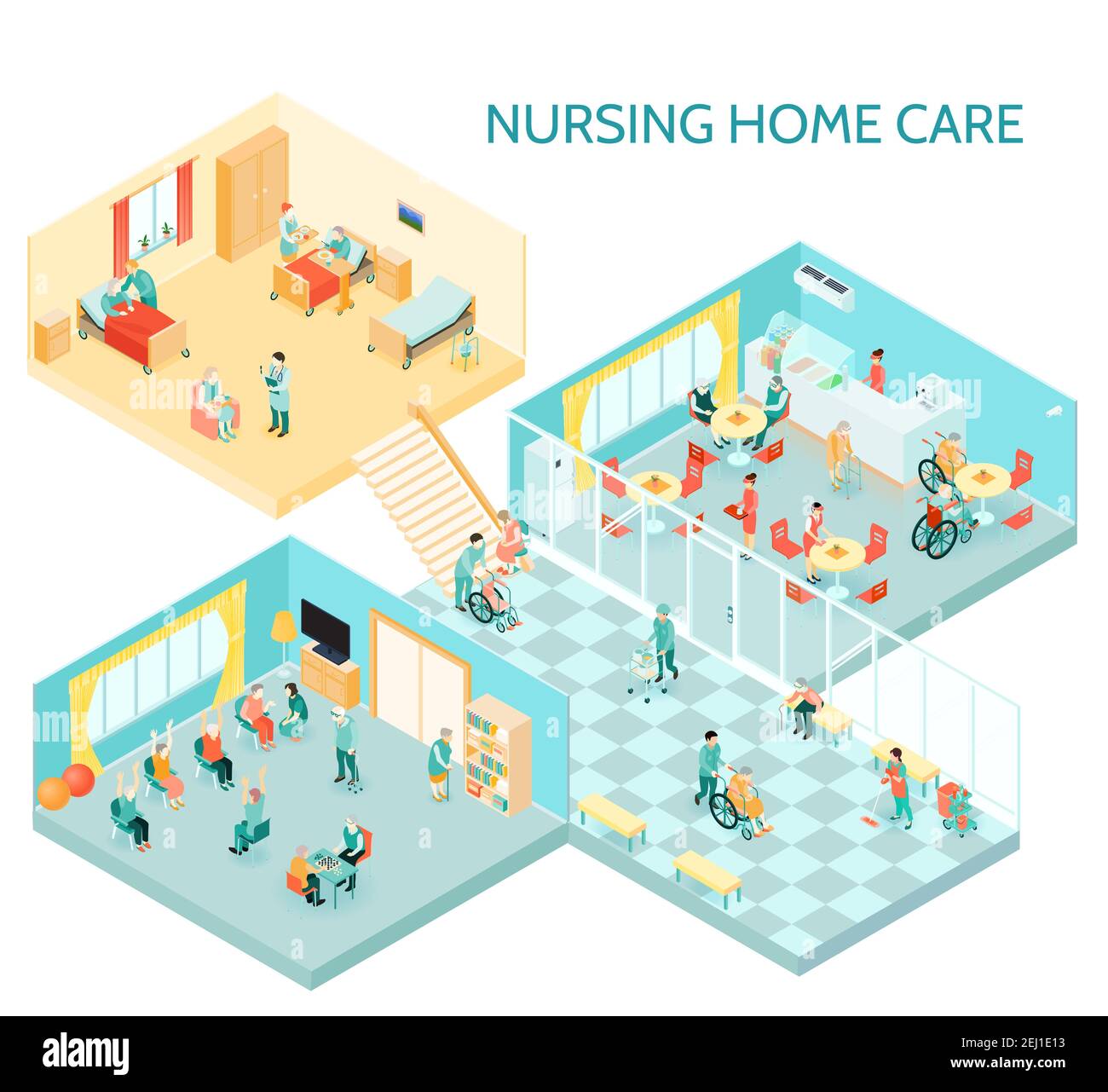 Nursing home care facility isometric composition with hall daily ...