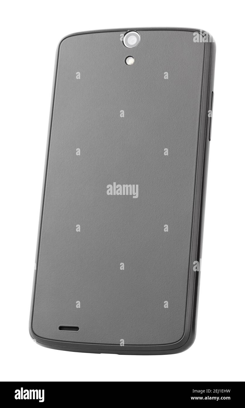 Backside of modern touch screen smartphone isolated on white with ...