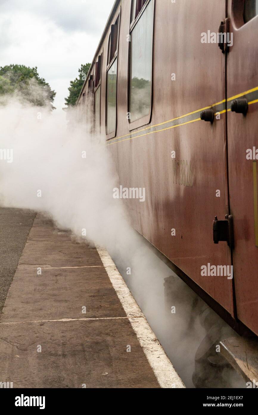 Old passenger train carriage in a station surrounded by steam Stock ...