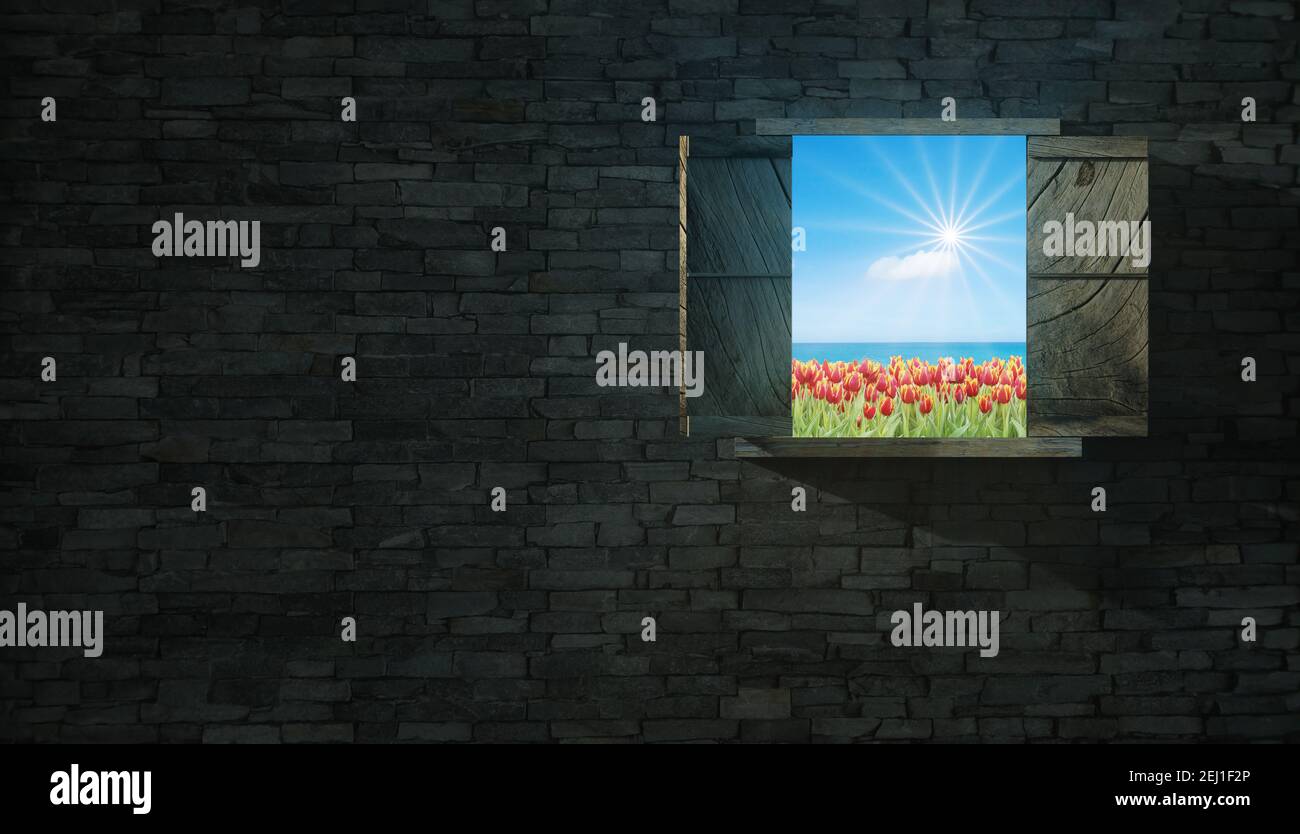 The 3d rendering of window with nice view in brick wall Stock Photo - Alamy