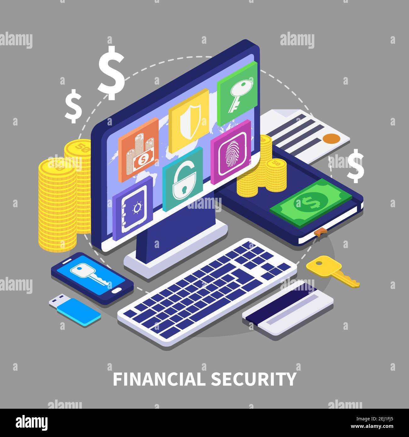 Internet banking and financial security concept with various electronic ...