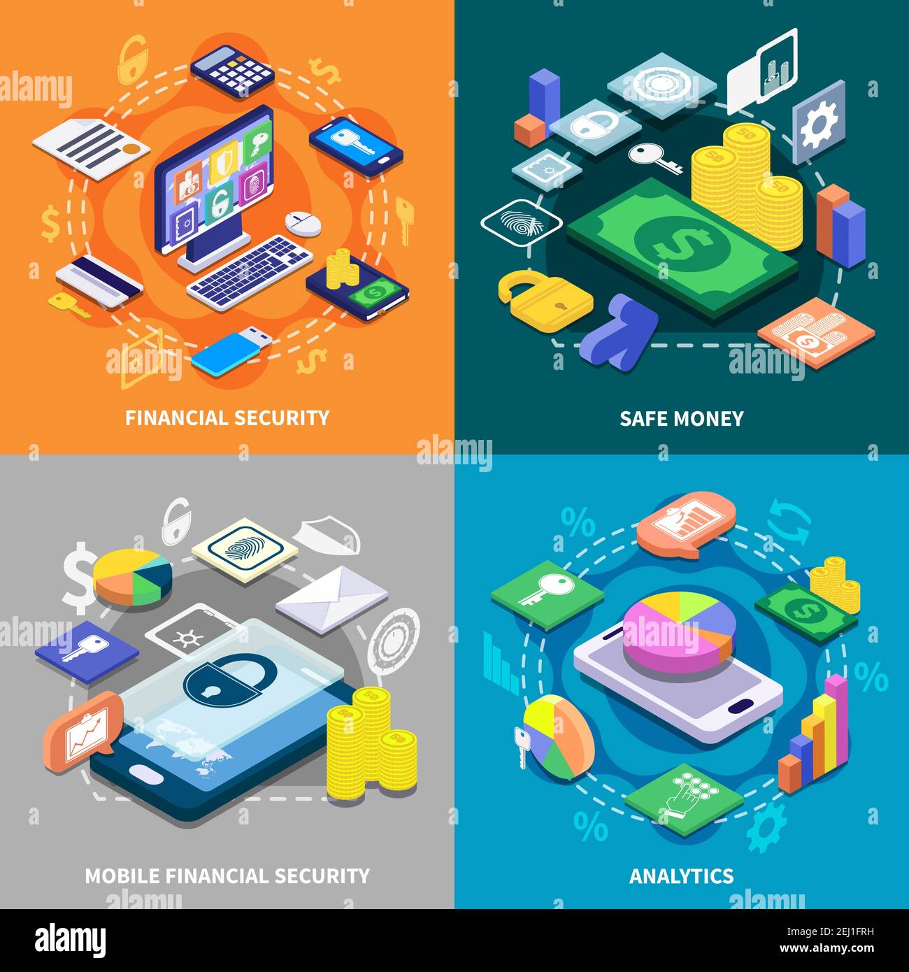 Financial security and safe money transaction 2x2 isometric concept isolated on colorful ...