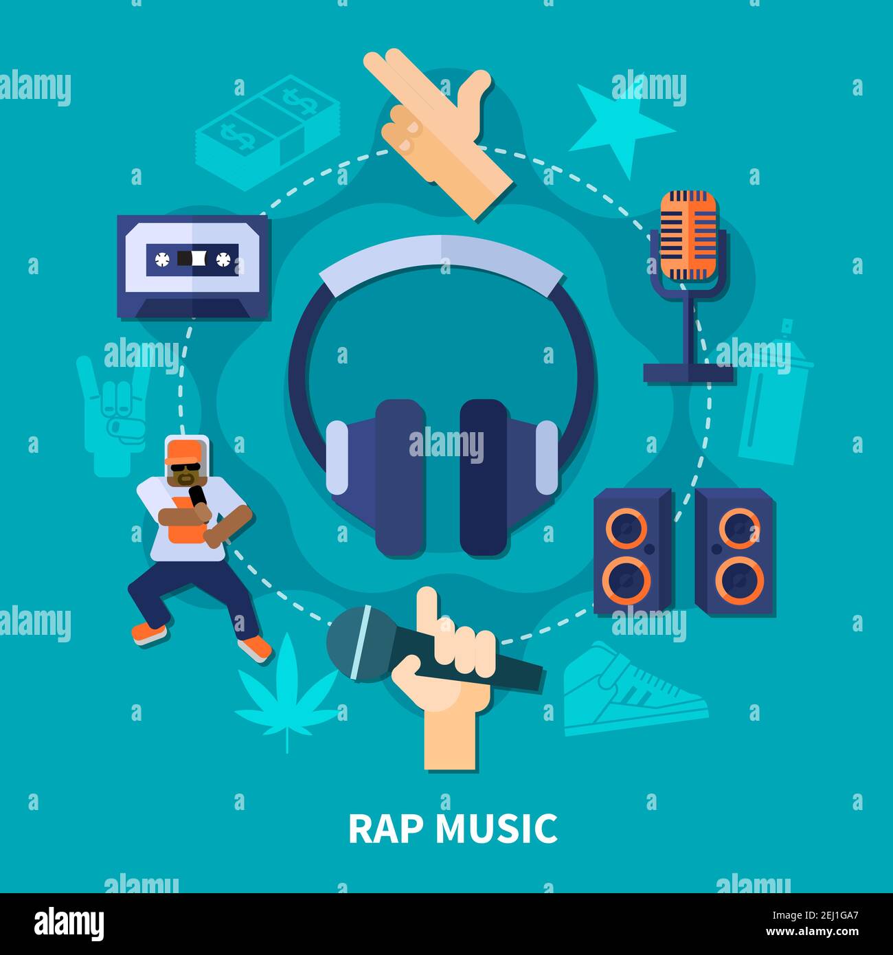 Rap music round composition with gestures of rapper, headphones ...