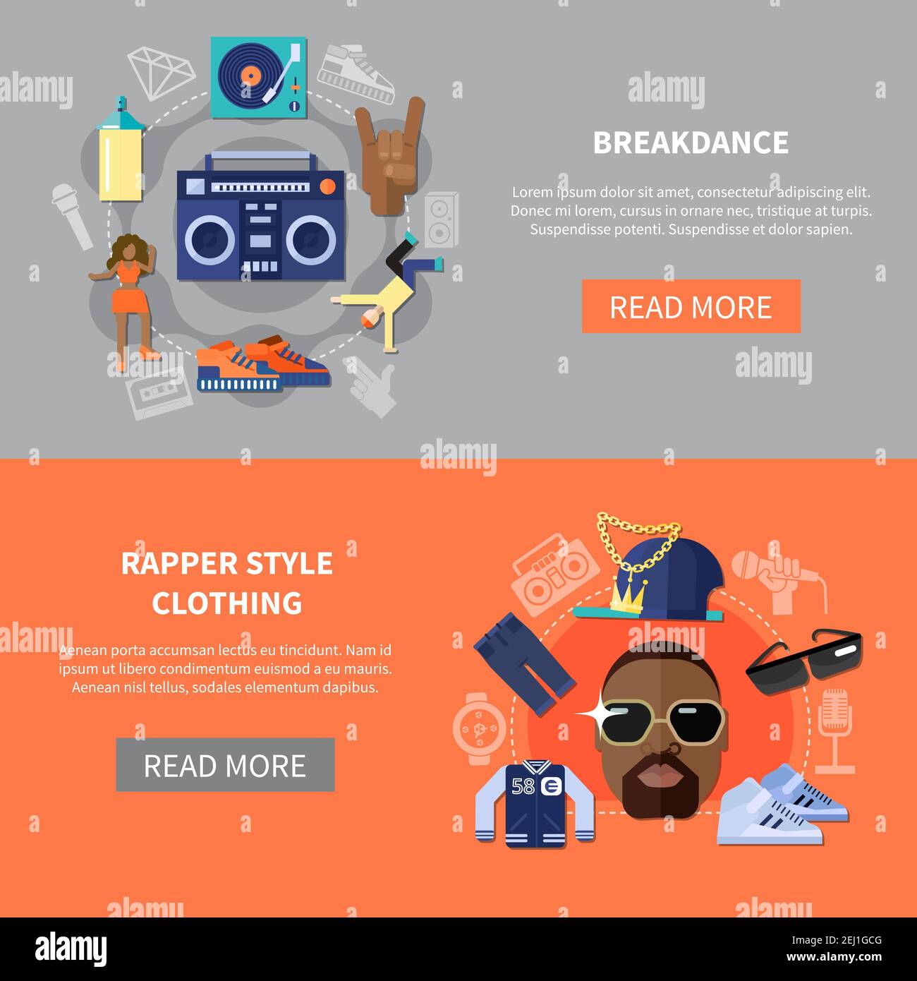 Horizontal banners with rapper style clothing and breakdance isolated ...