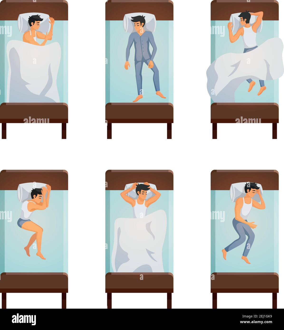 Top view of single bed with sleeping men in different poses decorative ...