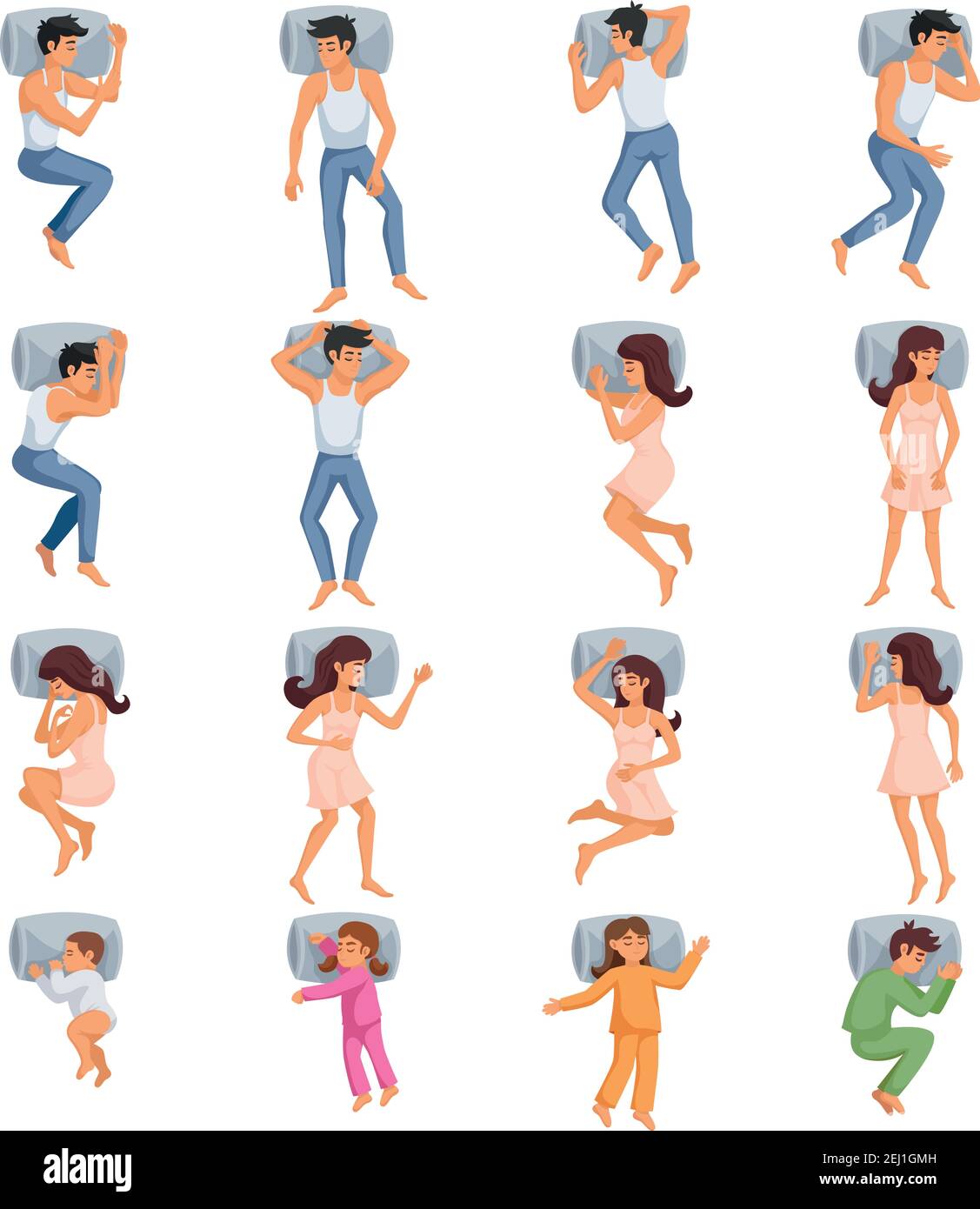 Top view of different sleeping poses of men women and children isolated ...