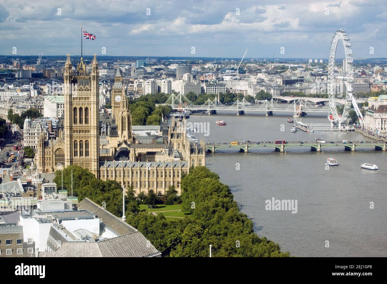 Aerial view of the River Thames at Westminster with the Houses of ...