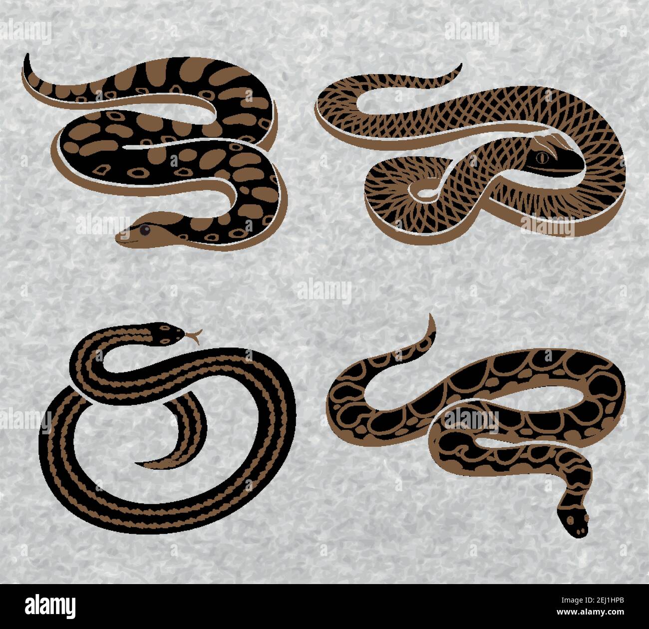 Black snakes set of reptiles with various ornaments on textured grey ...