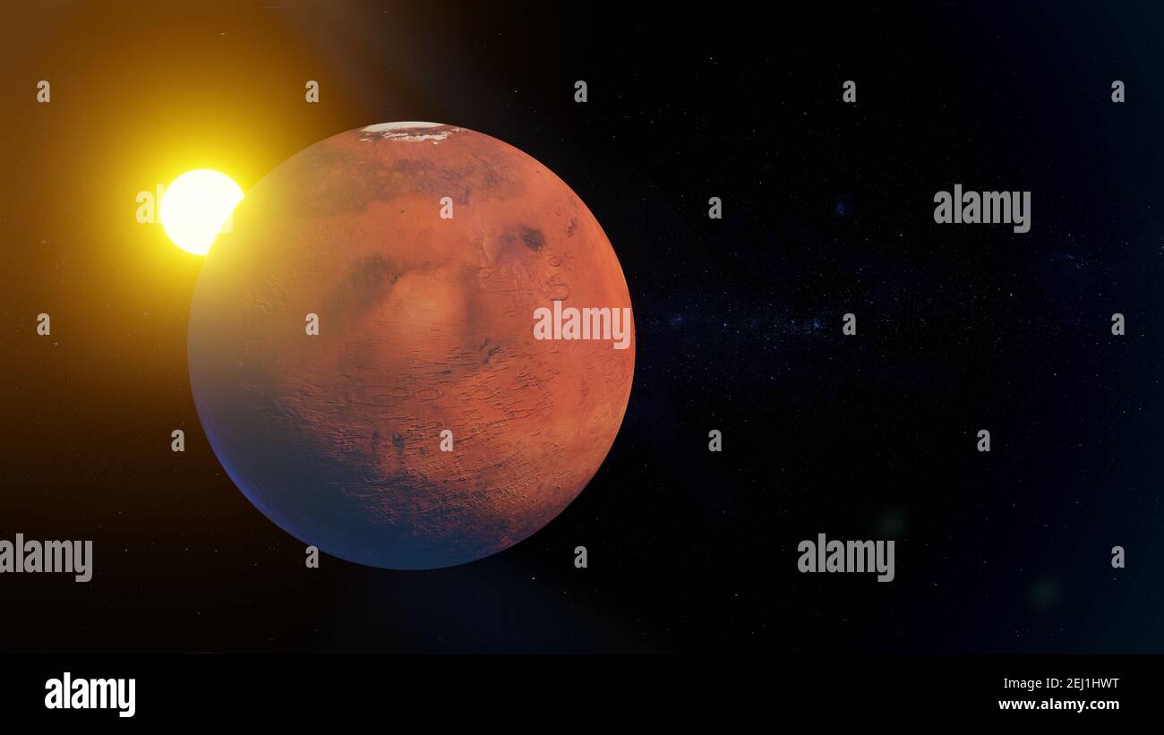planet Mars with the sun on the background of space with bright stars ...