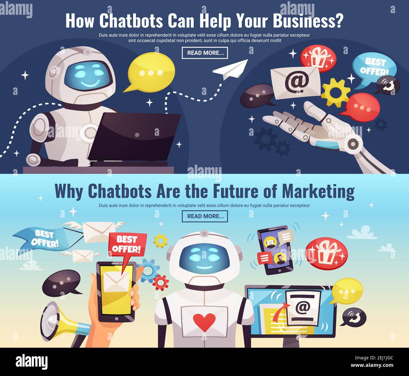 Chatbot horizontal banners with information about application sphere of ...