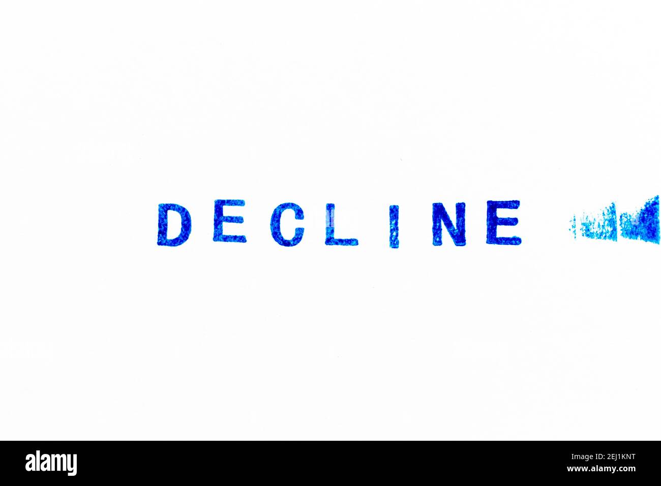 Blue color ink of rubber stamp in word decline on white paper ...