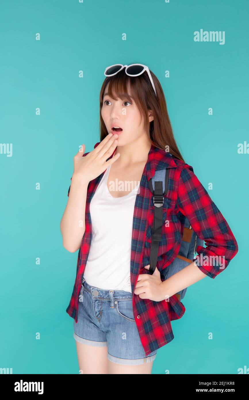 Beautiful portrait young asian woman surprise wearing travel summer ...