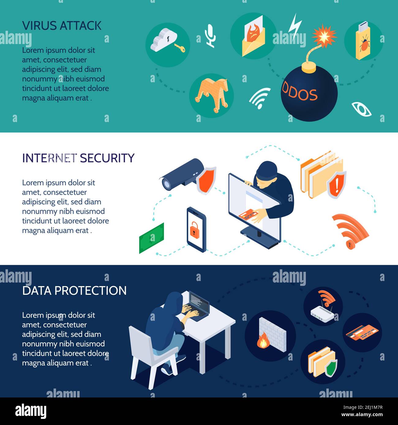 Hacker activity set of horizontal isometric banners with virus attack ...