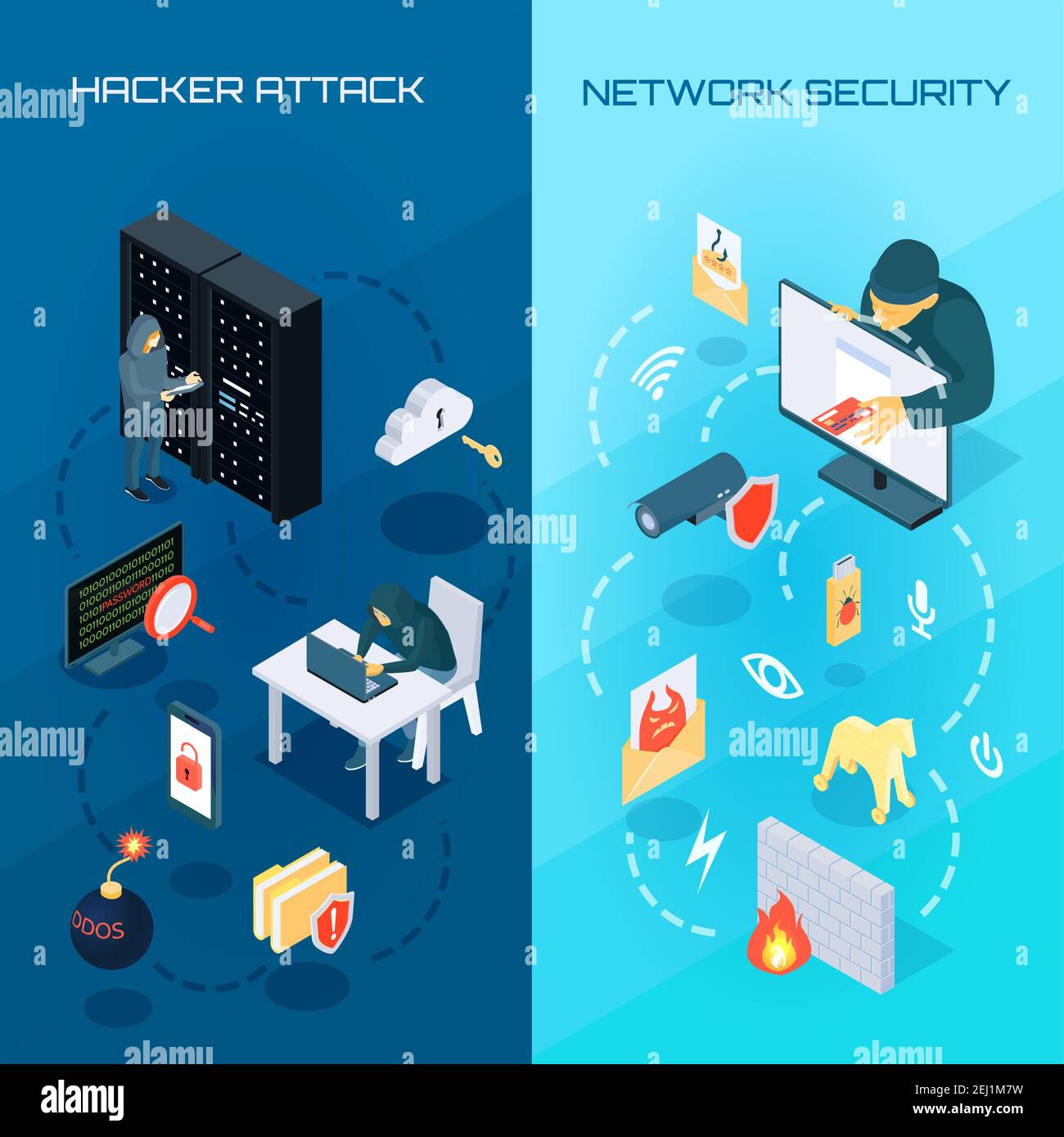 Set of vertical isometric banners with hacker attack and network ...