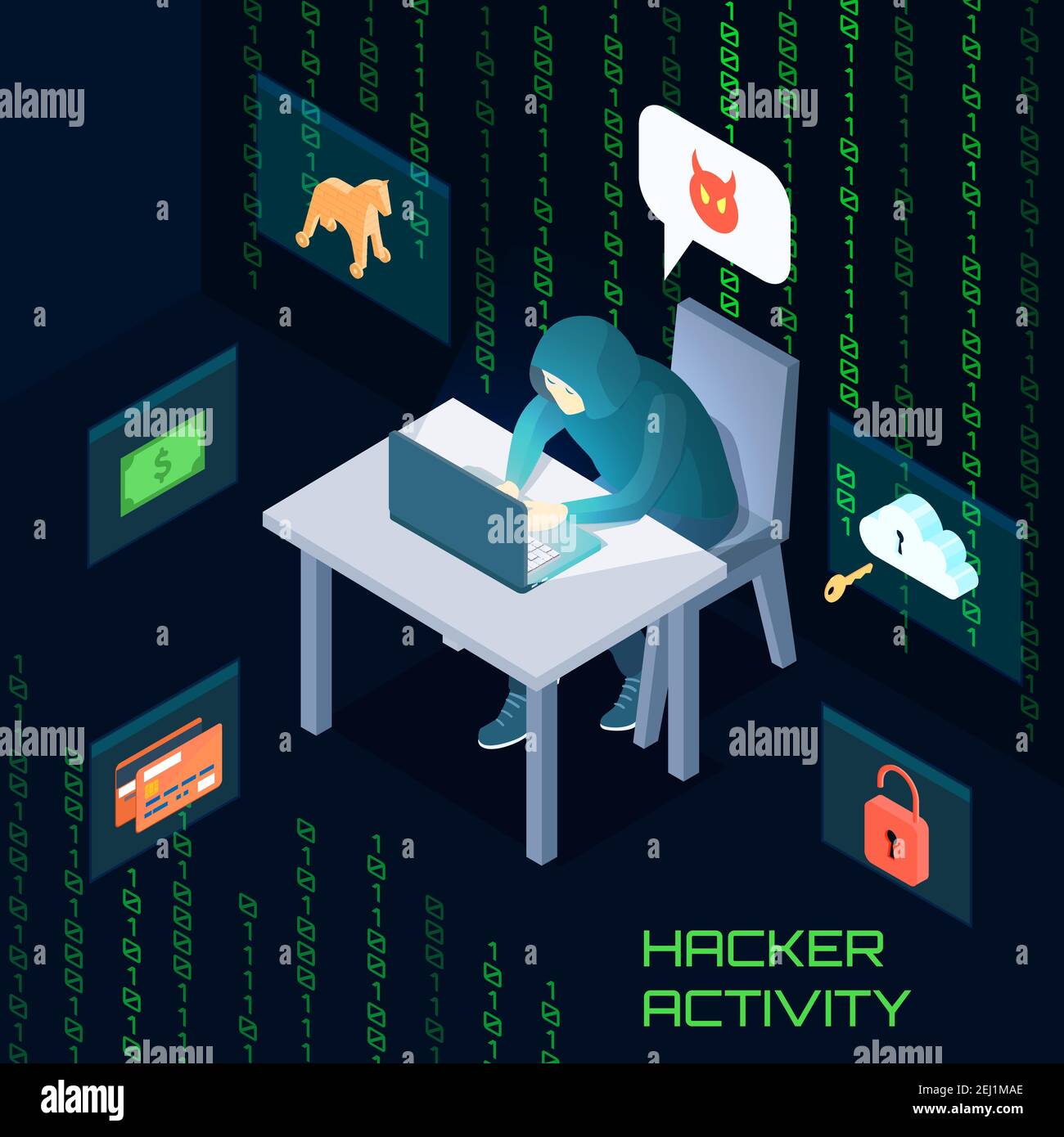 Hacker activity isometric composition with malware, stealing of money on black background with ...
