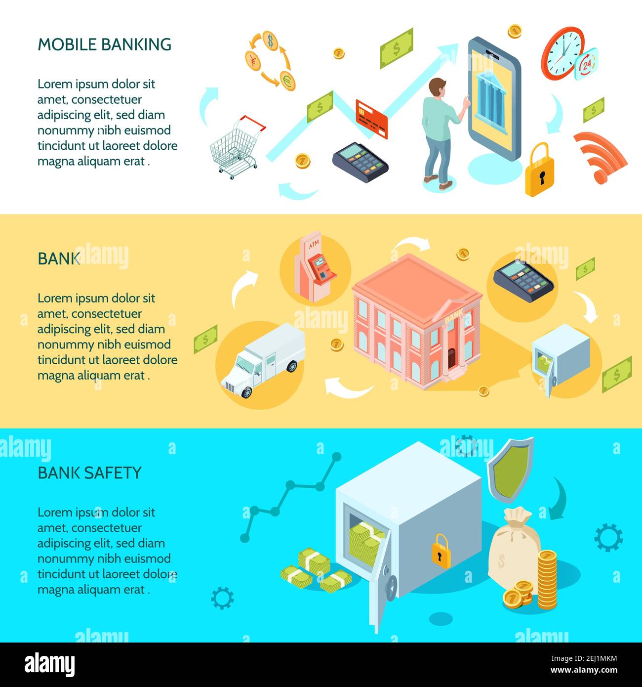 Bank set of horizontal isometric banners with online service, safety ...