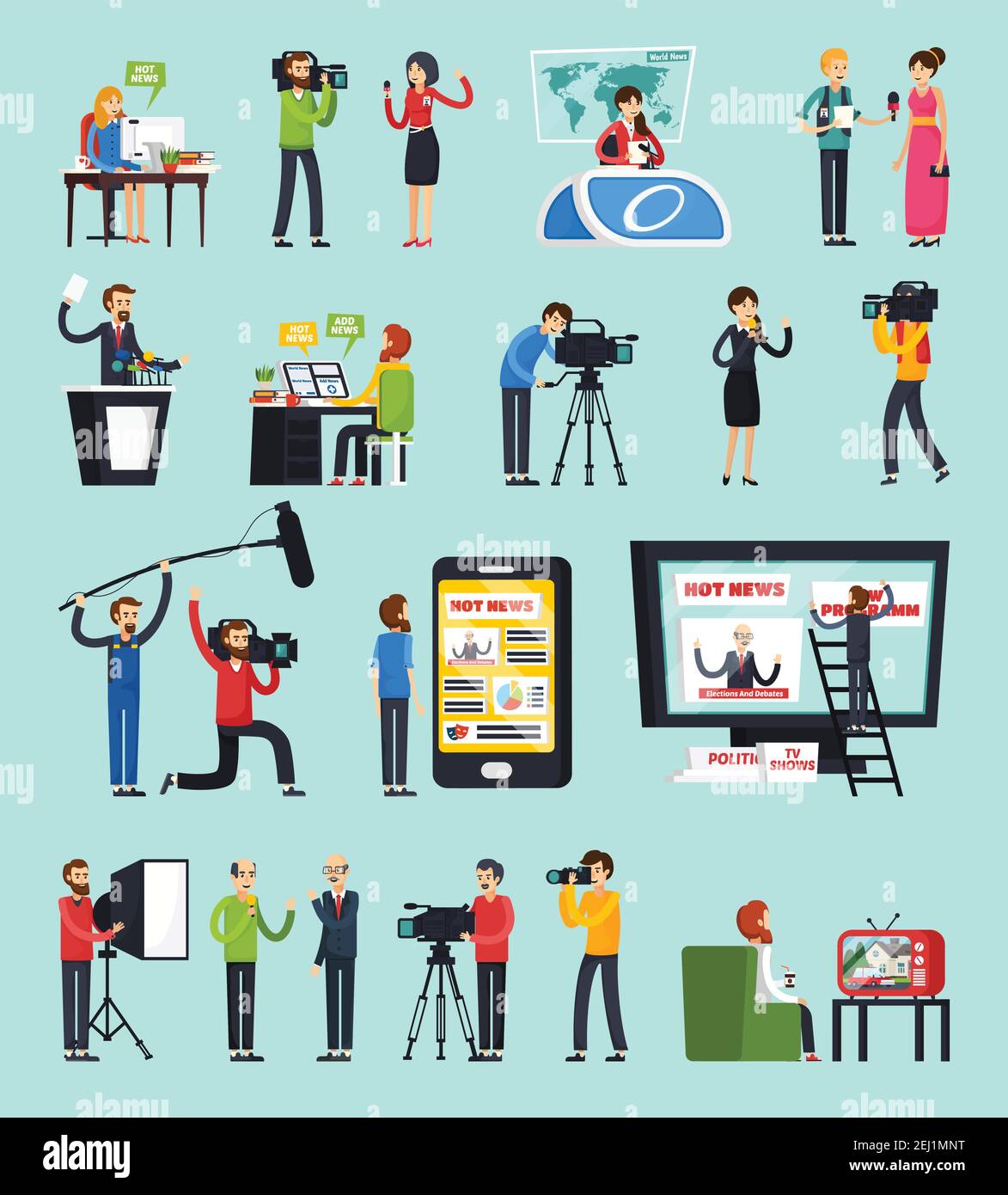 Creating news, set of orthogonal flat icons with reporter, photographer ...
