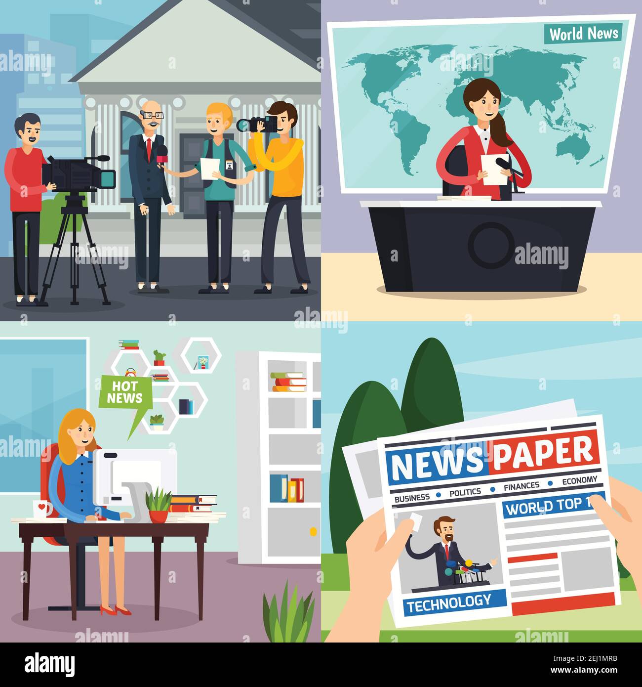 News orthogonal design concept including reporter with interview, tv ...