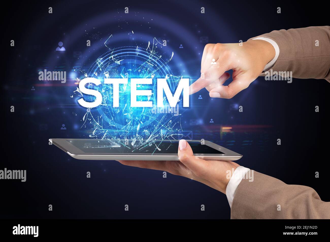 Close-up of a touchscreen with STEM abbreviation, modern technology ...