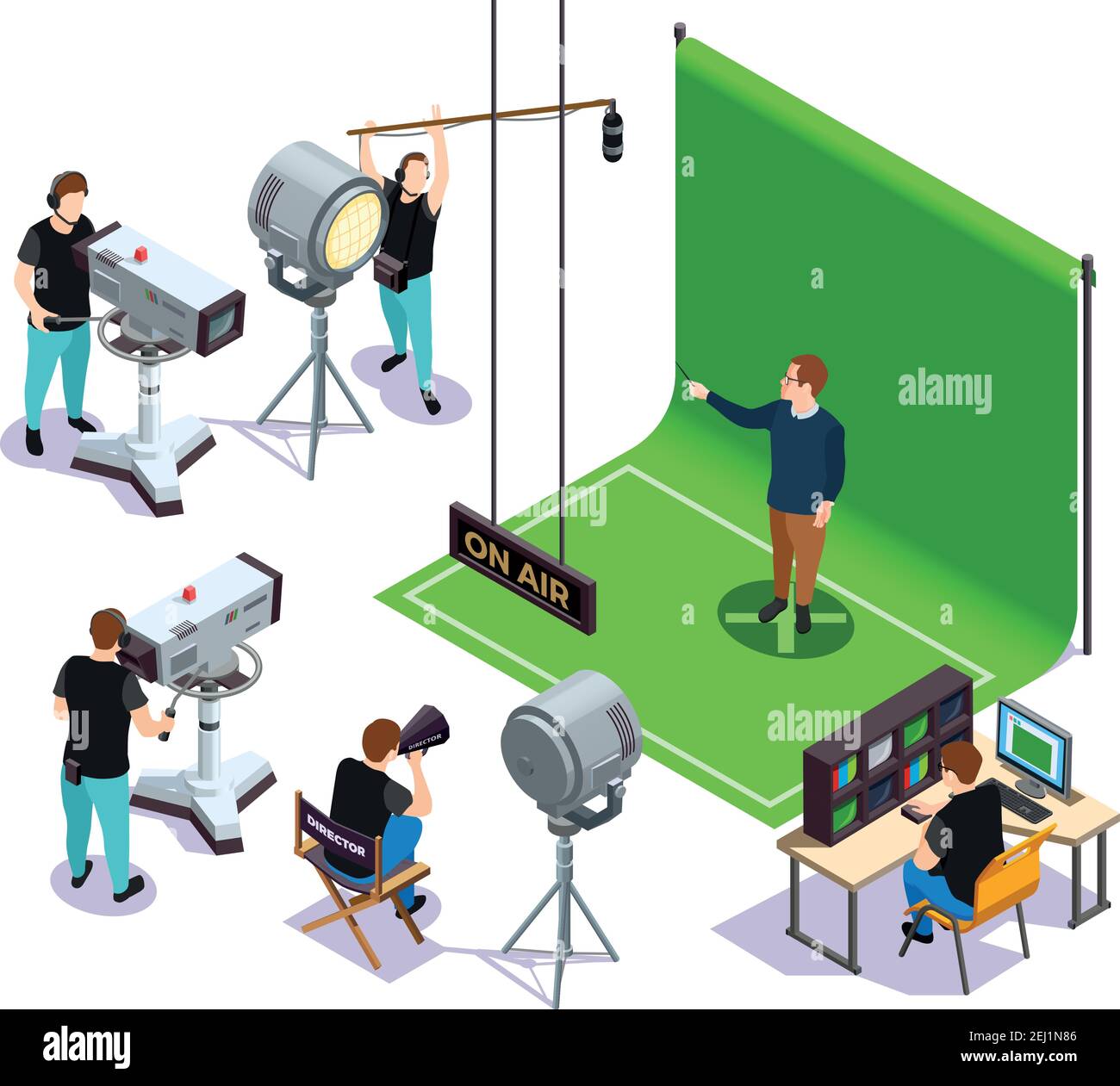 Operators shooting actor on green background and director giving ...