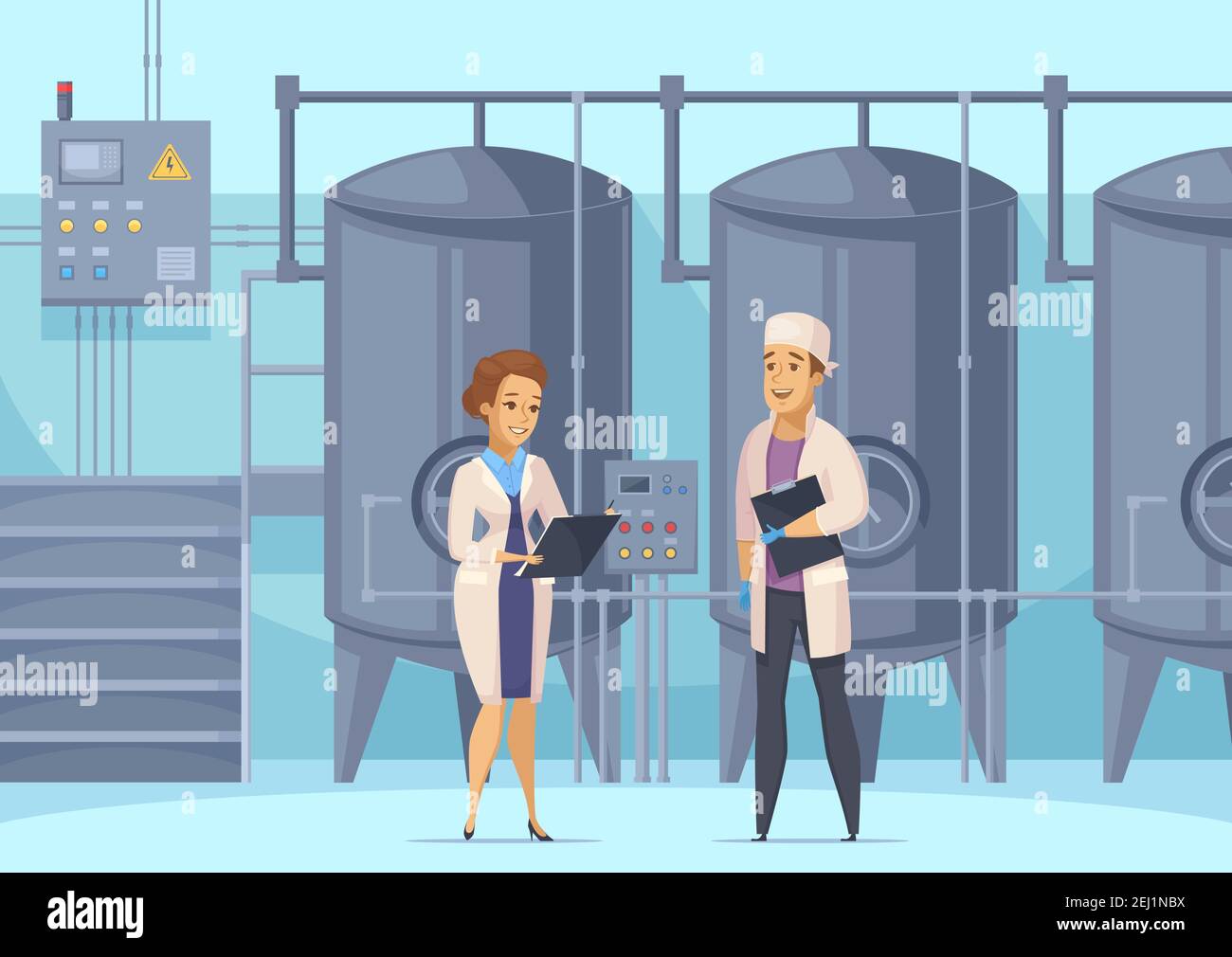 Dairy production cartoon composition with factory workers on background ...
