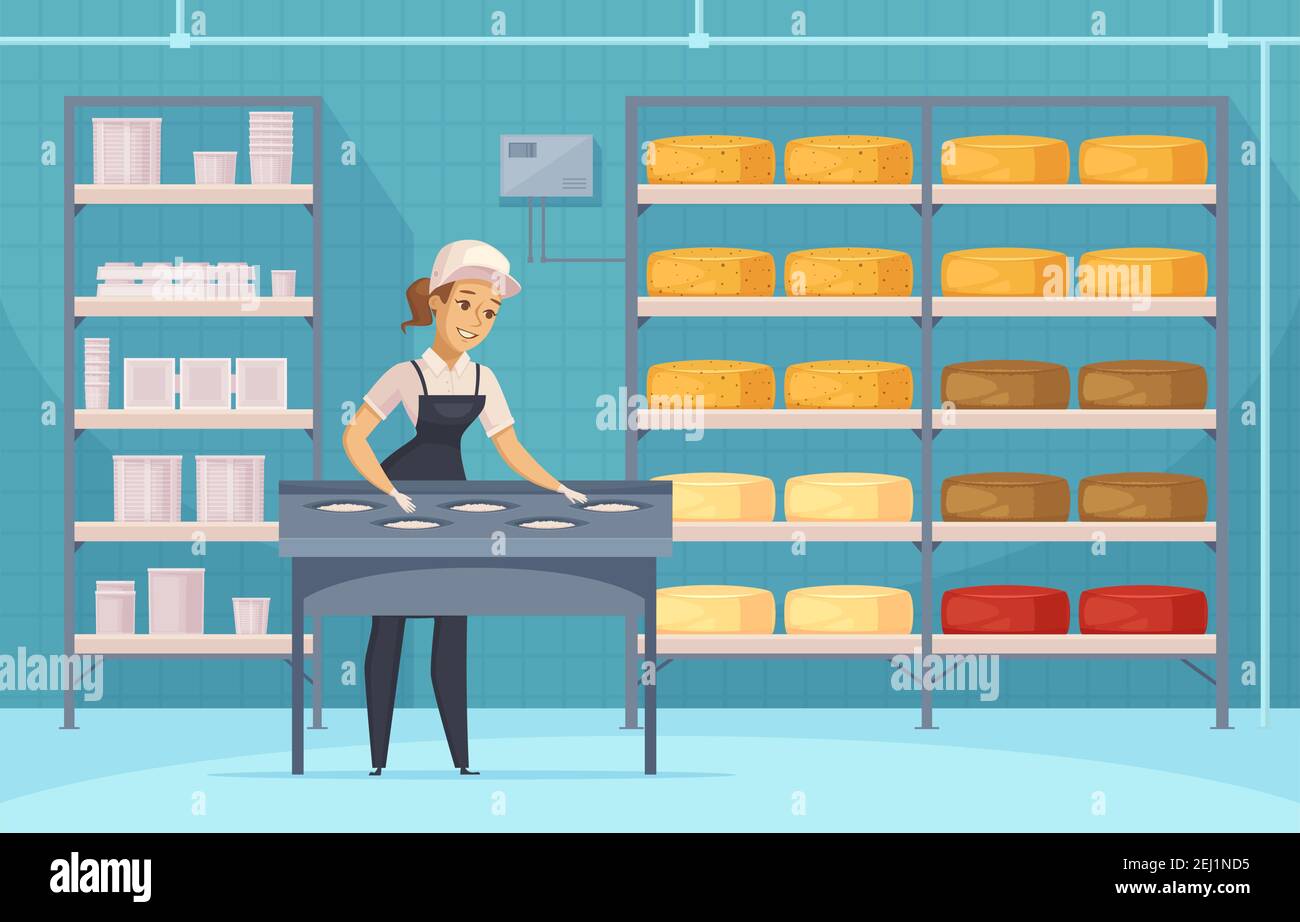 Manufacturing of milk products cartoon composition with cheese forming ...