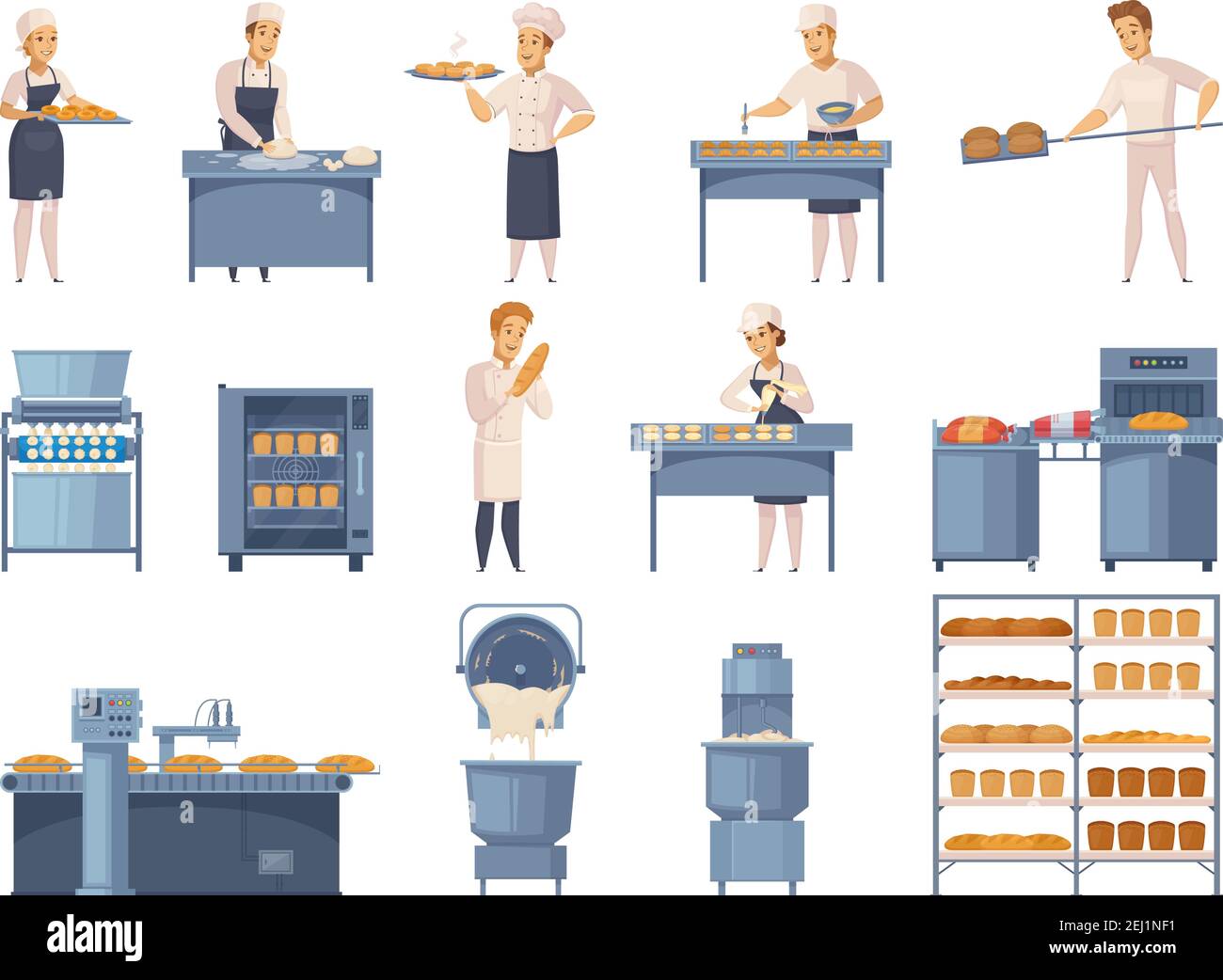 Bakery set of cartoon icons with factory workers, industrial equipment ...