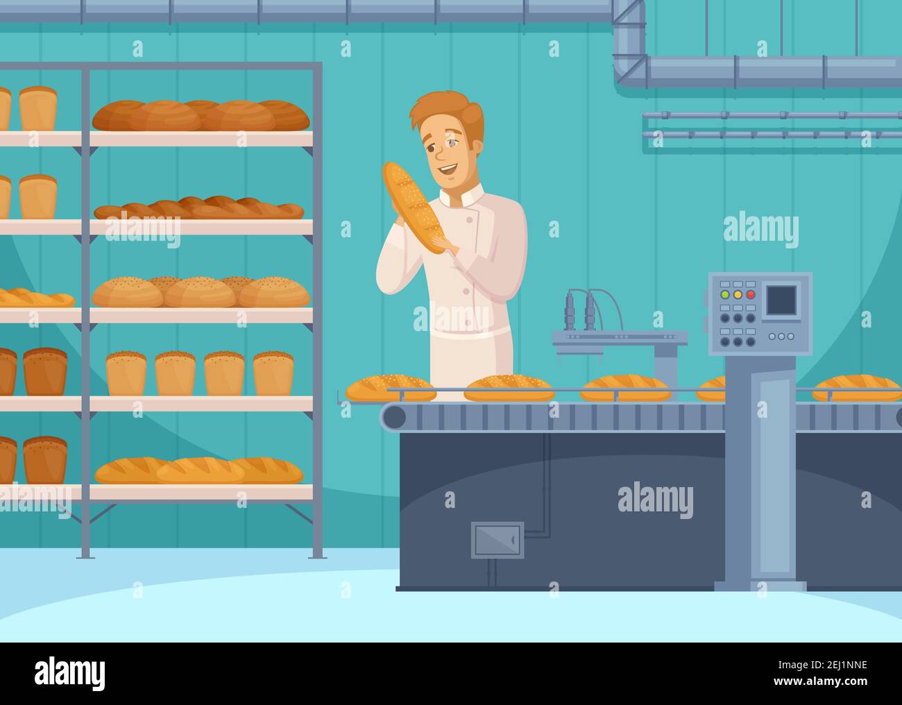 Bread production cartoon composition with smiling worker, loafs on ...